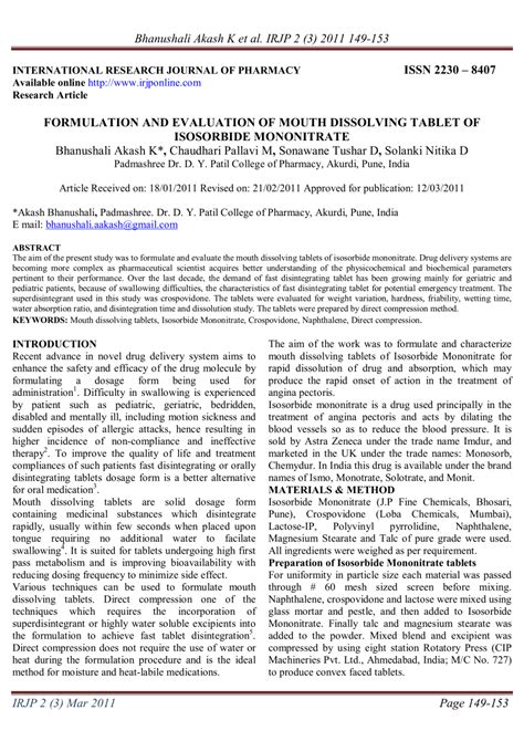 Pdf Formulation And Evaluation Of Mouth Dissolving Tablet Of Isosorbide Mononitrate