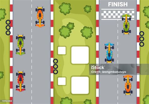 포뮬러 레이싱 스포츠카 레이스 서킷에 도달 결승선 만화 일러스트 레이 션은 플랫 스타일 디자인으로 챔피언십에서 우승합니다 Championship에 대한 스톡 벡터 아트 및