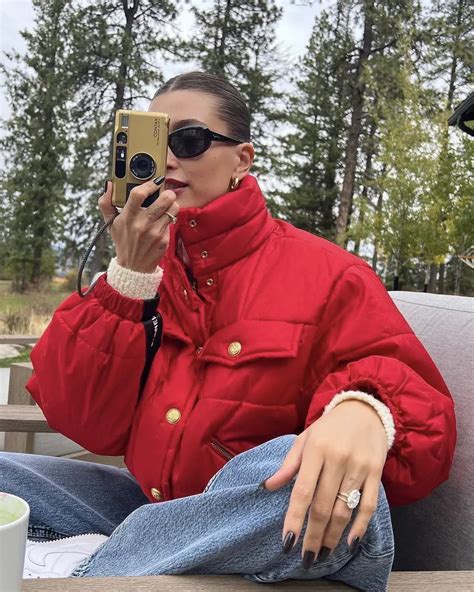 Hailey Bieber Red Puffer Jacket Vanquishe