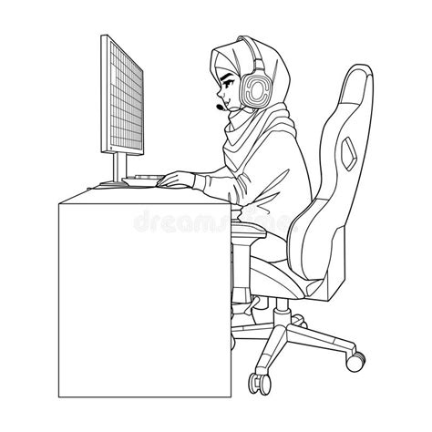 Girl Gamer Or Streamer With A Headset Sits In Front Of A Computer Stock