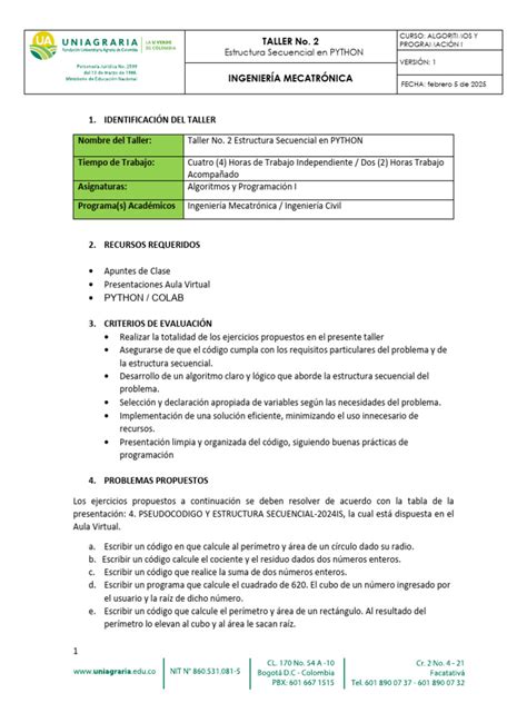 Taller No 2 Estructura Secuencial En Python 2025is Pdf Algoritmos Algoritmos Y
