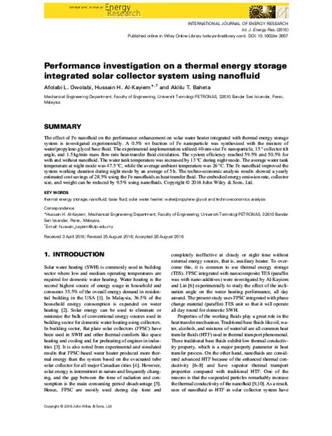 Pdf Performance Investigation On A Thermal Energy Storage Integrated Solar Collector System