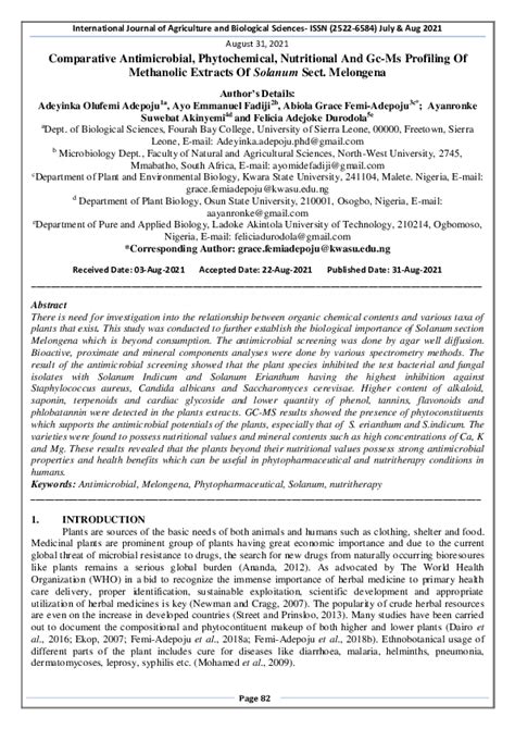 Pdf Comparative Antimicrobial Phytochemical Nutritional And Gc Ms Profiling Of Methanolic