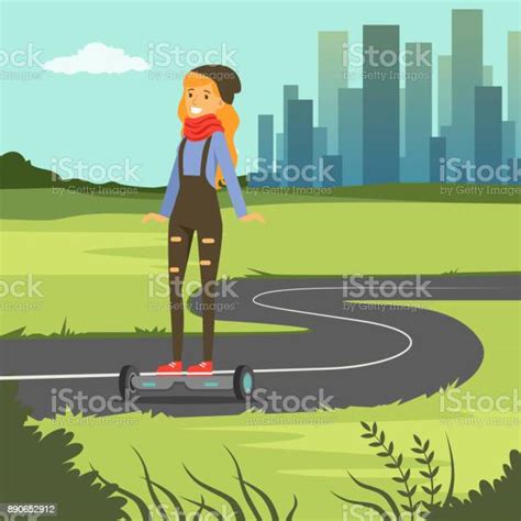 도시 배경 자이로스코프에 현대 전기 스쿠터 벡터 일러스트 레이 션을 균형 자체에 유행 젊은 여자를 타고 소녀 개념에 대한 스톡 벡터 아트 및 기타 이미지 Istock