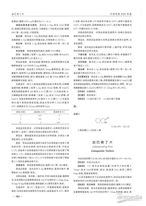 加巴喷丁片 2020年中国药典 分析测试百科网