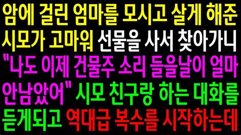 실화사연암에 걸린 엄마를 모시고 살게 해준 시모가 고마워 선물을 사서 찾아가니 시모 친구랑 하는 대화를 듣게되고 역대급 한방을 먹이는데 신청사연 사이다썰 사연라디오