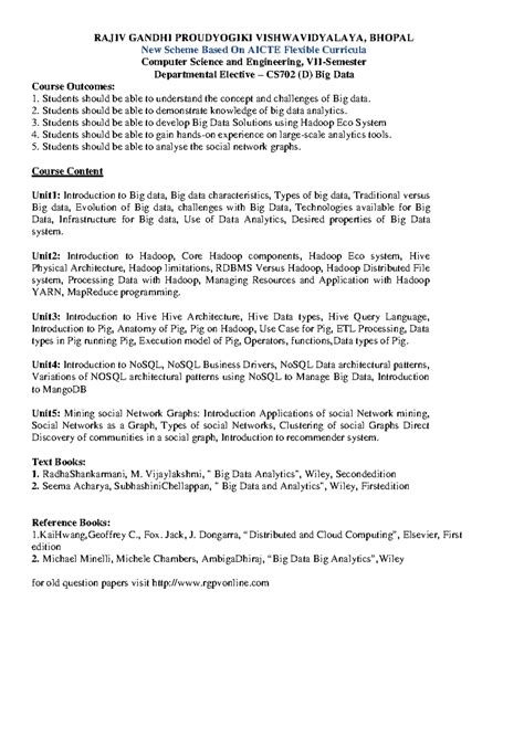 Rgpv Syllabus Btech Cs 7 Sem Cs702 D Big Data Rajiv Gandhi Proudyogiki Vishwavidyalaya Bhopal