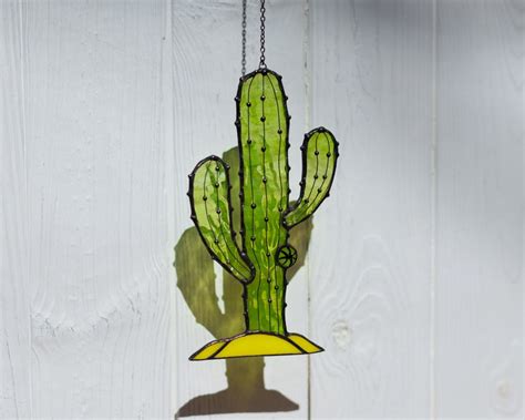Cactus Stained Glass Suncatcher Stain Glass Window Hangings Etsy