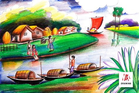 How To Draw Beautiful Village Scenery With Pencil Color সহজে গ্রামের দৃশ্য অংকন Village
