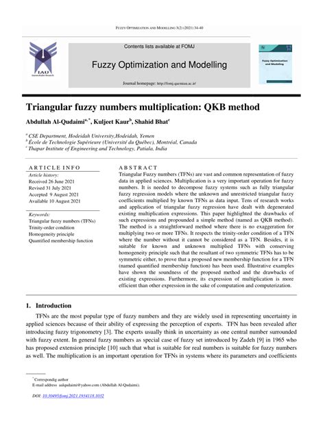 Pdf Triangular Fuzzy Numbers Multiplication Qkb Method