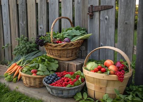 Rustic Harvest Arrangement With Baskets Of Fresh Vegetables And Fruits