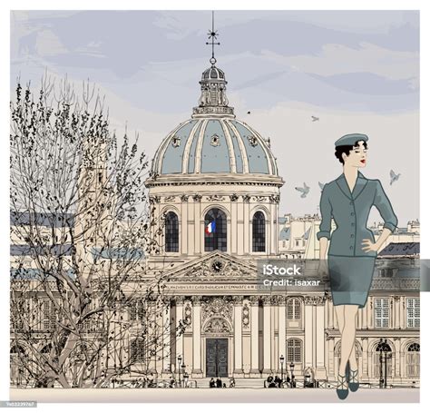 파리의 센 강을 건너는 유명한 퐁 데 아트에서 포즈를 취하는 패션 모델 강에 대한 스톡 벡터 아트 및 기타 이미지 강 건축