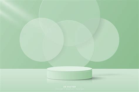 추상적인 녹색 3d 실린더 연단 받침대 또는 제품 진열대는 원형 유리가 겹치고 공중에 떠 있습니다 쇼 화장품 또는 제품 프레젠테이션을 위한 최소한의 장면 3d 벡터 3차원