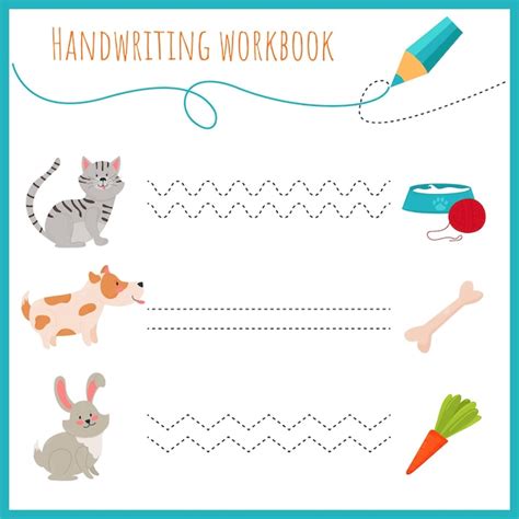 어린이를위한 필기 통합 문서 학습 편지를위한 워크 시트 어린이를위한 활동 책 유치원을위한 교육 페이지 고양이 개 토끼 뼈 당근 그릇 프리미엄 벡터
