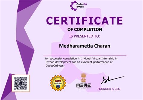Pythondevelopment Internshipcertificate Codesonbytes Careerdevelopment Medharametla Charan
