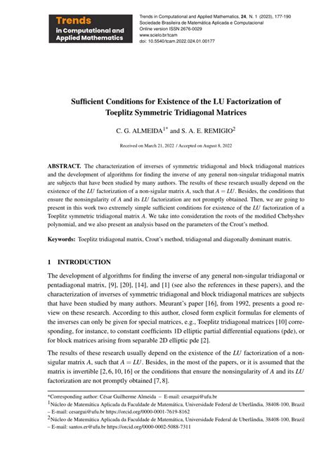 Pdf Sufficient Conditions For Existence Of The Lu Factorization Of