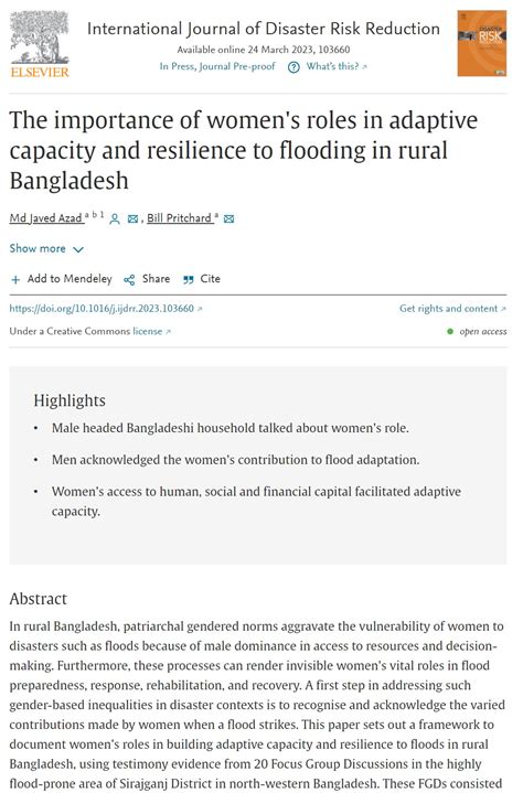 The Importance Of Womens Roles In Adaptive Capacity And Resilience To Flooding In Rural