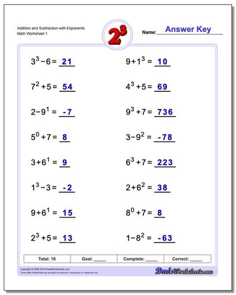 Exponents Worksheets Mixed Addition And Subtraction With Exponents