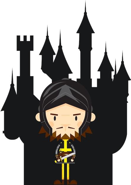 성 역사 삽화에서 검을 든 귀여운 만화 용감한 중세 기사 프리미엄 벡터