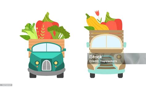 야채를 배달 하는 귀여운 자동차 작은 트럭 선적 호박 브로콜리 후추 신선한 잘 익은 야채 만화 벡터 일러스트 개체 그룹에 대한 스톡 벡터 아트 및 기타 이미지 Istock