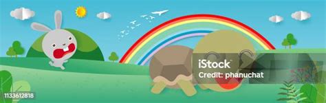 거북이와 토끼 거북이와 래빗이 승리 하기 위해 함께 경주 평면 스타일은 배경에 고립 종이 예술 와 디지털 공예 스타일 벡터 일러스트 Championship에 대한 스톡 벡터