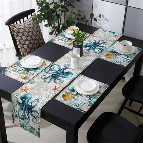 Nautical Octopus Placemats Set Of 4 With 70 Inches Long Table Runners