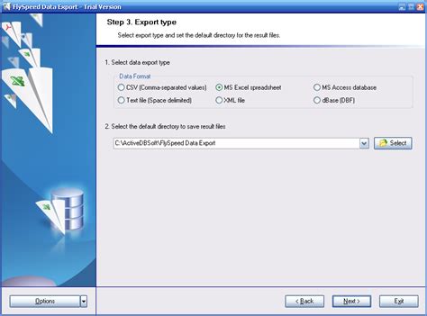 Flyspeed Data Export Selecting Export Type