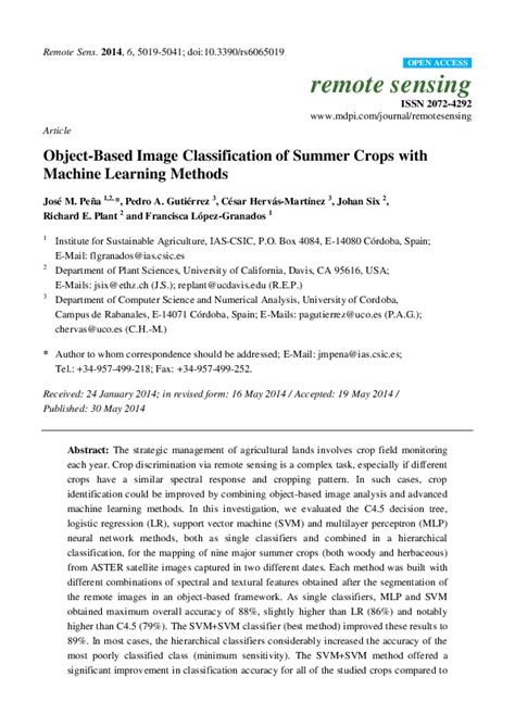Pdf Object Based Image Classification Of Summer Crops With Machine Learning Methods