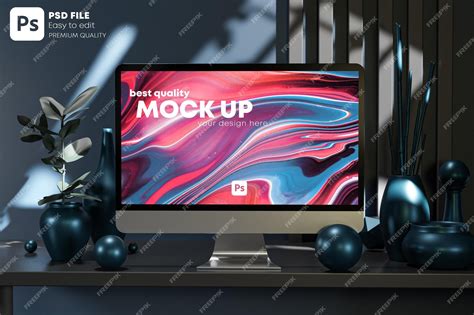 Premium Psd Dark Blue Abstract Geometric Computer Desktop Pc Mockup Template 3d Render