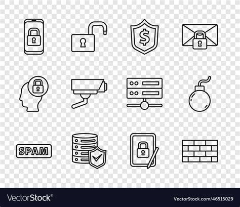 Set Line Spam Firewall Security Wall Shield Vector Image