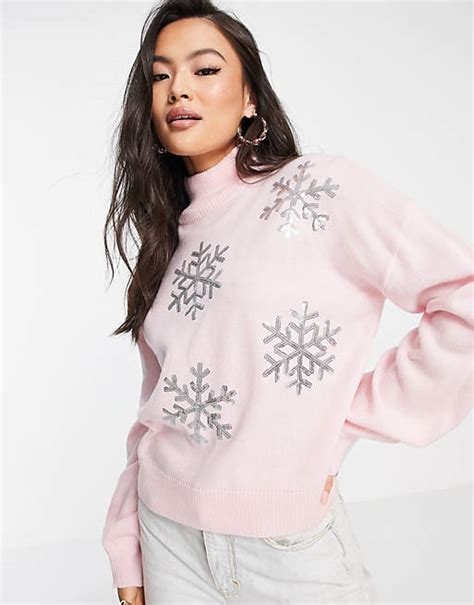 Threadbare Christmas Sequin Snowflake Jumper In Pink Asos