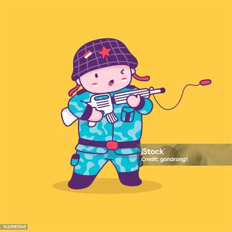 만화 스타일의 장난감 총을 가진 귀여운 작은 인도네시아 군인 유머에 대한 스톡 벡터 아트 및 기타 이미지 유머 군사 육군