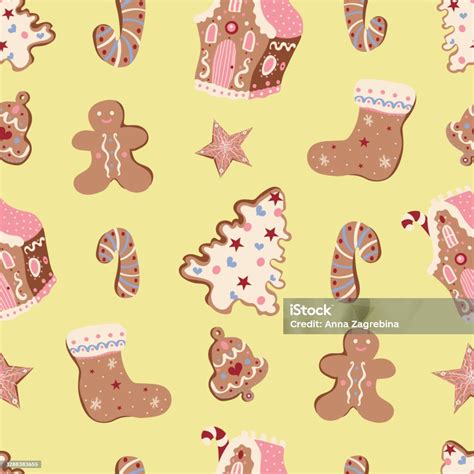 파스텔 옐로우 배경에 진저 브레드 하우스와 쿠키의 다른 종류와 귀여운 크리스마스 벡터 원활한 패턴 12월에 대한 스톡 벡터 아트 및 기타 이미지 Istock