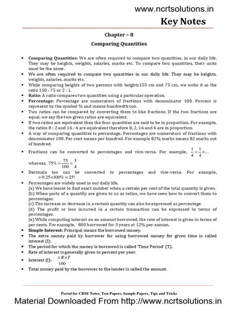 07mathskeynotesch8comparingquantities Download Free Pdf Percentage Ratio