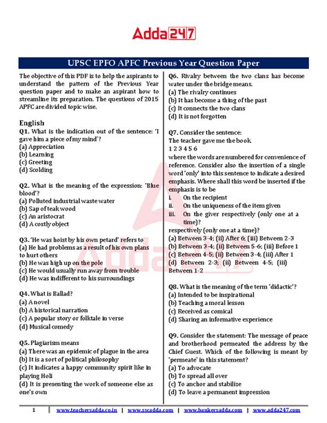 Upsc Epfo Apfc Previous Year Question Paper The Questions Of 2015 Apfc Are Divided Topic Wise