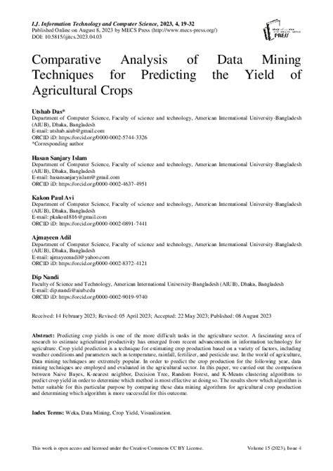 Pdf Comparative Analysis Of Data Mining Techniques For Predicting The Yield Of Agricultural Crops