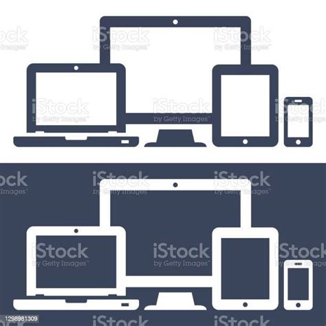 장치 아이콘 스마트 폰 태블릿 노트북 및 흰색과 어두운 배경에 격리 된 데스크톱 컴퓨터 반응형 웹 디자인의 벡터 일러스트레이션입니다 감시에 대한 스톡 벡터 아트 및 기타