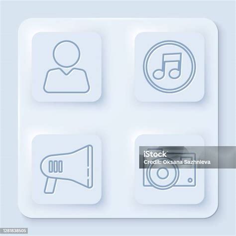 설정 줄 친구 음악 노트 톤 메가 폰과 사진 카메라에 추가합니다 흰색 정사각형 버튼 벡터 노트에 대한 스톡 벡터 아트 및 기타 이미지 Istock