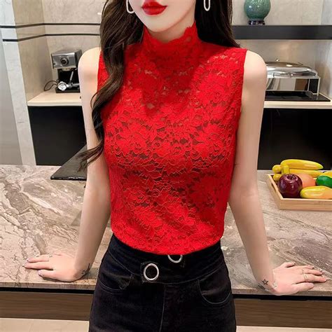 여성용 플라워 레이스 블라우스 조끼 탄성 티셔츠 여아용 로즈 레이스 터틀넥 민소매 보터밍 탱크 S Xl 봄 여름