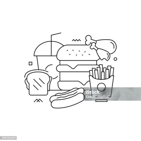 일러스트 패스트 푸드 개념의 벡터 세트 웹 페이지 배너 포스터 인쇄 등을 위한 라인 아트 스타일 배경 디자인 벡터 일러스트레이션 0명에 대한 스톡 벡터 아트 및 기타 이미지