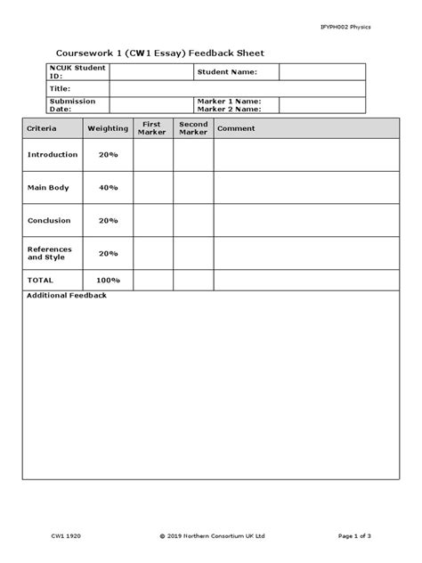 Physics Cw1 Template Feedback Sheet And Marking Criteria Grid 1920 Pdf Critical Thinking