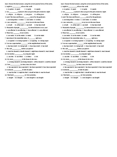 Passive Voice Quiz Pdf English Language Linguistic Typology