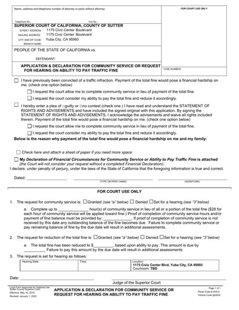 County Of Sutter California Application And Declaration For Community Service Or Request For