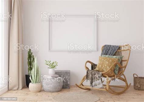 현대 거실의 흰색 벽에 빈 수평 액자 보호 스타일로 인테리어를 모의하십시오 무료 사진을위한 복사 공간 포스터 등나무 안락 의자 식물 나무 바닥 3d 렌더링 0명에 대한 스톡