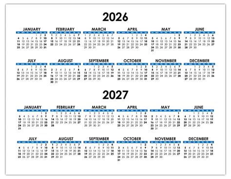 Yearly Calendar 2026 2027 Free Calendar Su