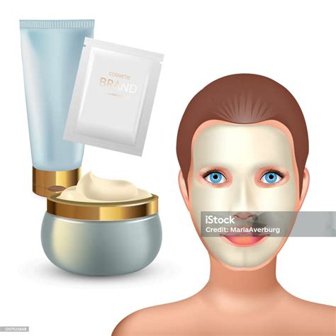뷰티 패션 소녀는 얼굴 흰색 마스크를 적용합니다 페이셜 마스크 화장품 포장 얼굴 마스크 패키지 디자인 흰색 크림과 현실적인 화장품 봉지 튜브와 항아리 3차원 형태에 대한