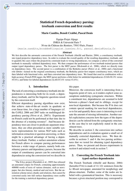 Pdf Statistical French Dependency Parsing Treebank Conversion And