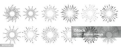 불꽃 놀이 광선 햇살 프레임 원형 테두리 장식 낙서 스타일의 반짝임 흰색 배경에 고립 된 라인 스케치 폭발을 설정합니다 벡터 일러스트 레이 션 공휴일에 대한 스톡 벡터 아트