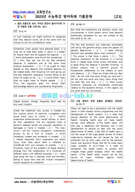 [비밀노트 에듀랩 Edu Lab Kr ]2023년 수특영어 영어독해 기출문제 1차 28문항