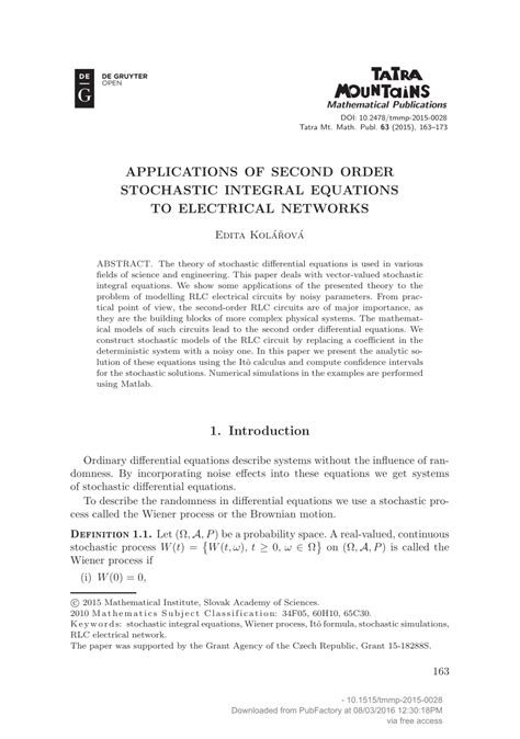 Pdf Applications Of Second Order Stochastic Integral Equations To Electrical Networks